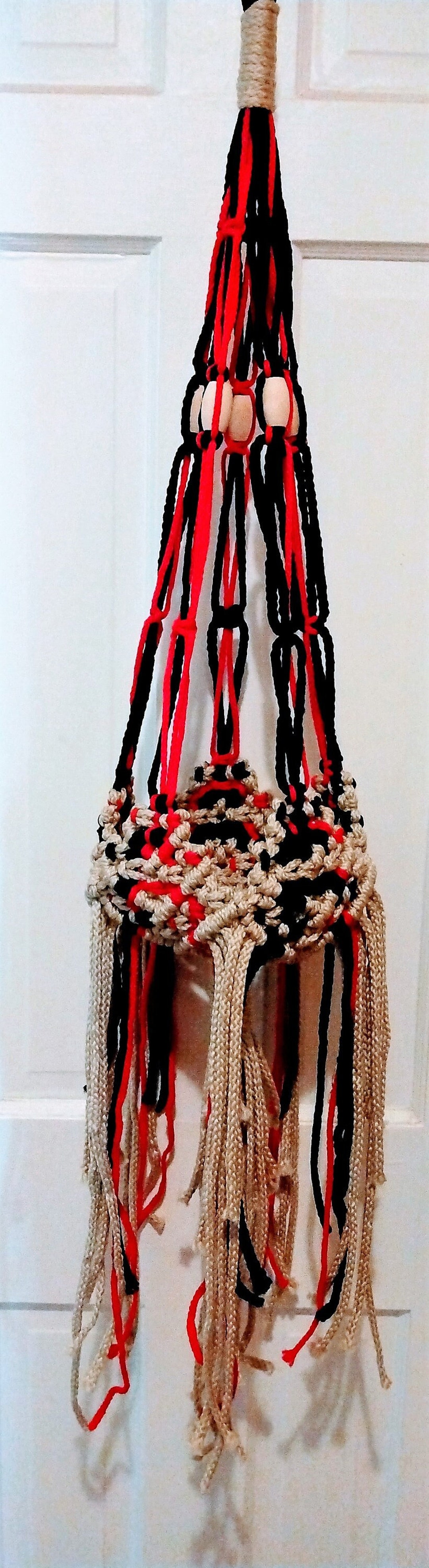 Black, Red & Tan Boho Plant Hanger, Macrame Plant Hanger, Hippie Plant ...