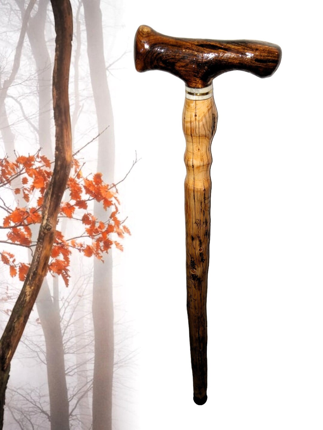 Pine Cane, Pine Walking Stick, Black Walnut Handle Cane, Cane Gifts ...