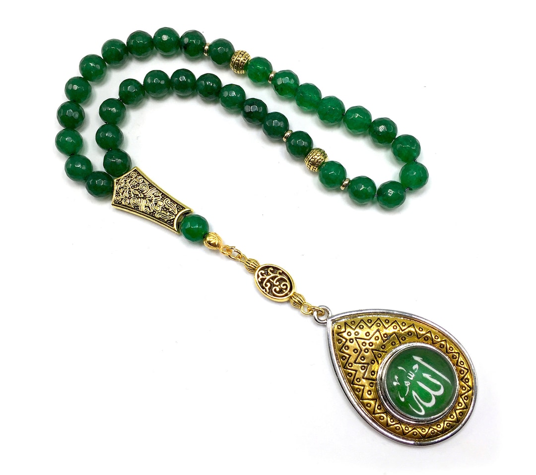 Faceted Green Jade Muslim Prayer Beads With Allah Pendant, Tesbih ...