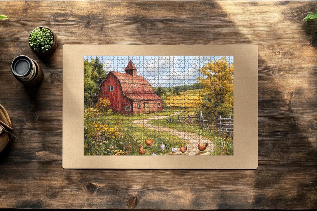 Charming Red Barn Puzzle - Rustic Farm Scene With Chickens | Cozy ...