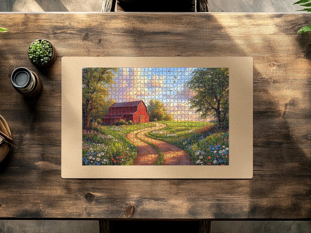 Rustic Red Barn Puzzle – Serene Countryside Path With Wildflowers ...