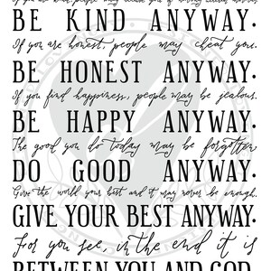 Inspirational Quote Art, Be Kind Anyway Instant Download Printable Art ...