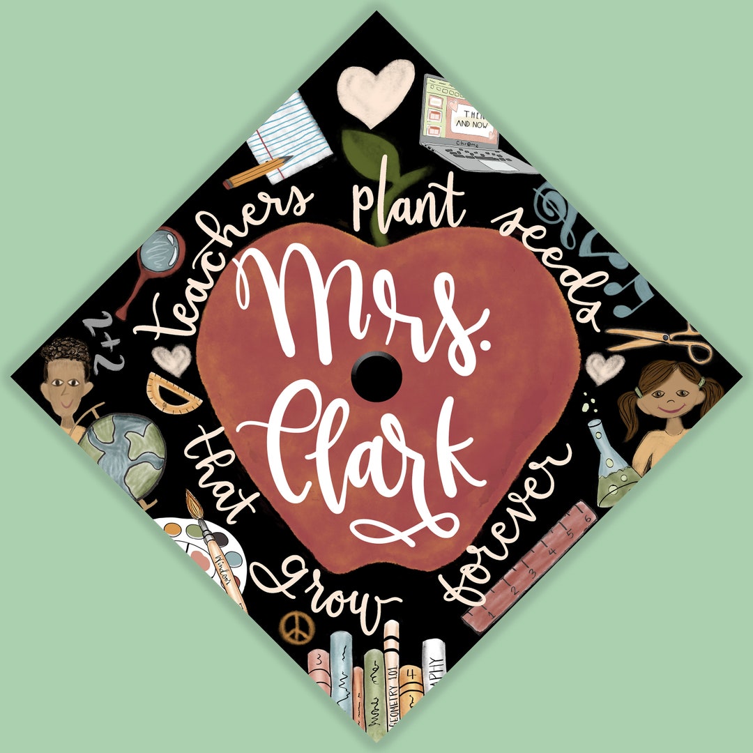 Custom Name Elementary Teacher Apple Grad Cap Topper, Digitally Painted ...