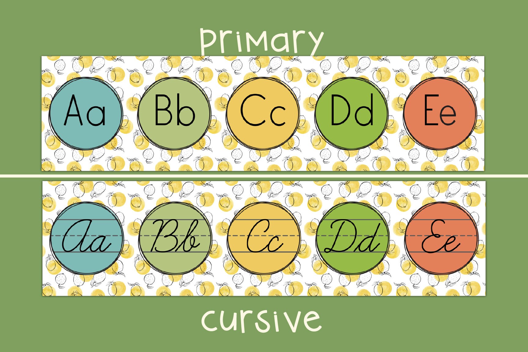 Lemon Theme Classroom Alphabet Posters, Cursive and Printing Letter ...