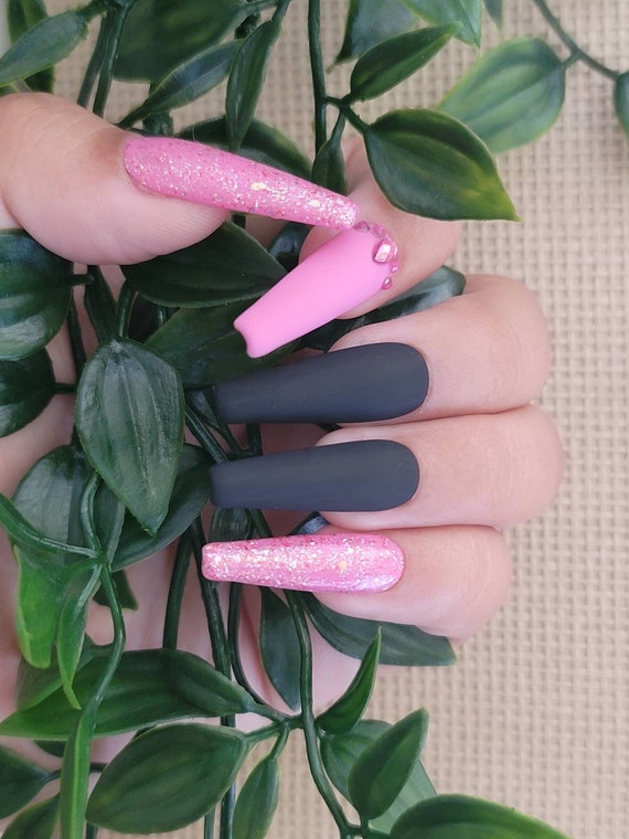 Pink And Black Matte Nails