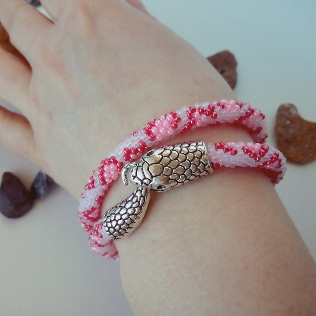 Pink Snake Wrap Bracelet, Beaded Double Ouroboros Cuff for Women ...
