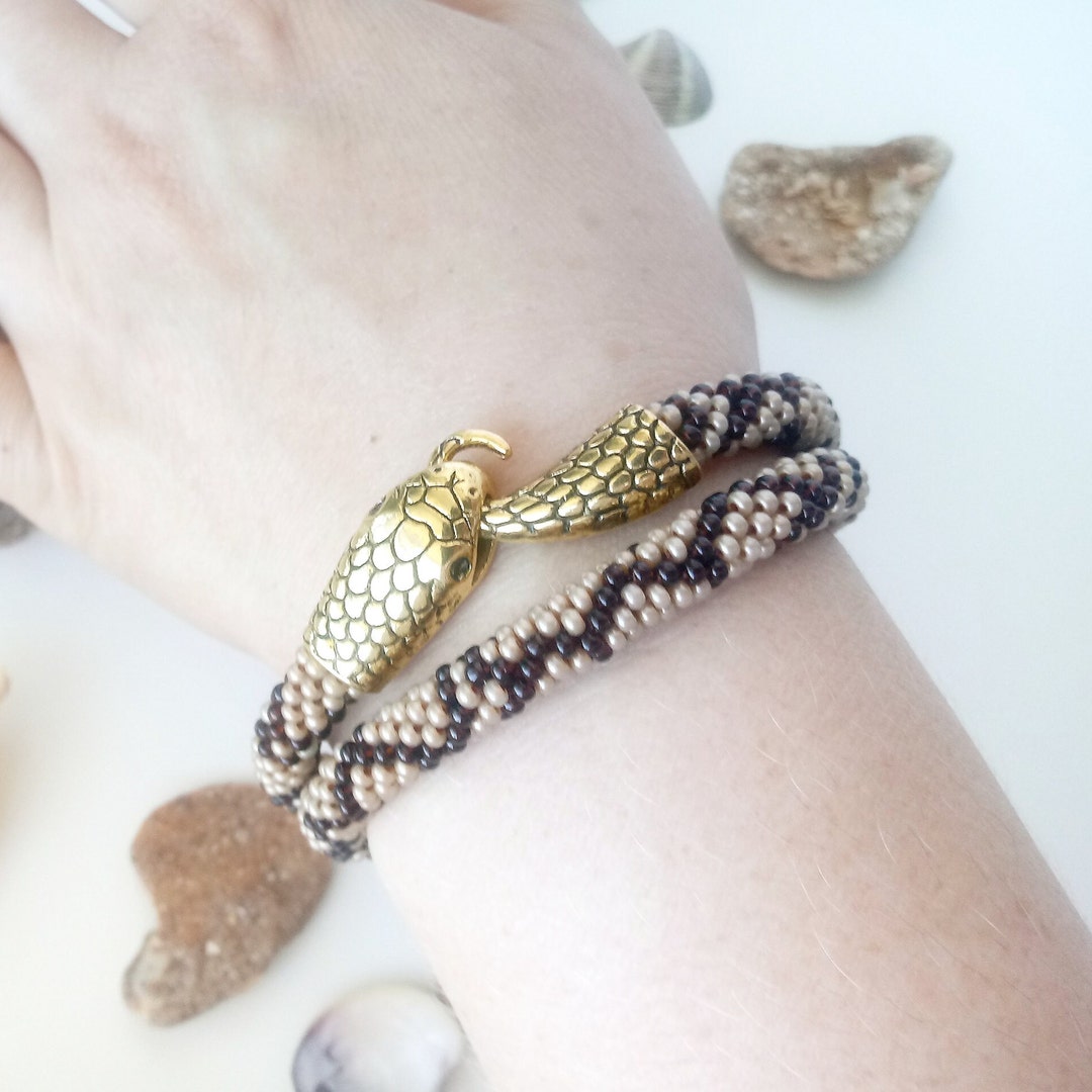 Snake Bead Bracelet, Ouroboros Bracelet, Serpent Bangle, Brown ...