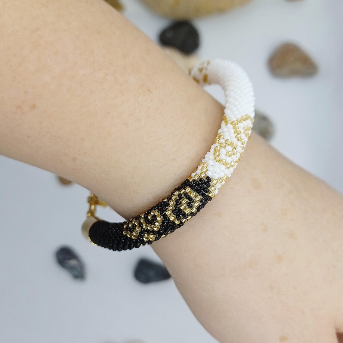 Large Beaded Bracelets for Women, Statement White and Black Beaded ...