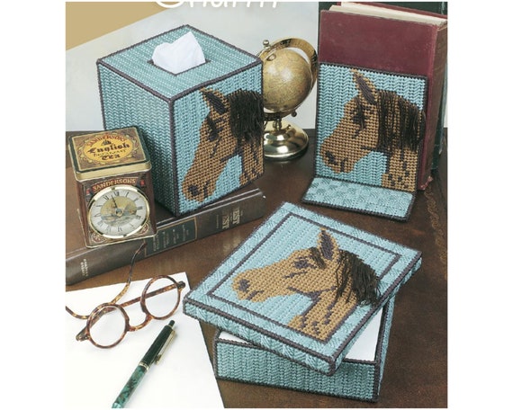 Horse Set Plastic Canvas Pattern Bookend Box Tissue Box Cover Plastic ...