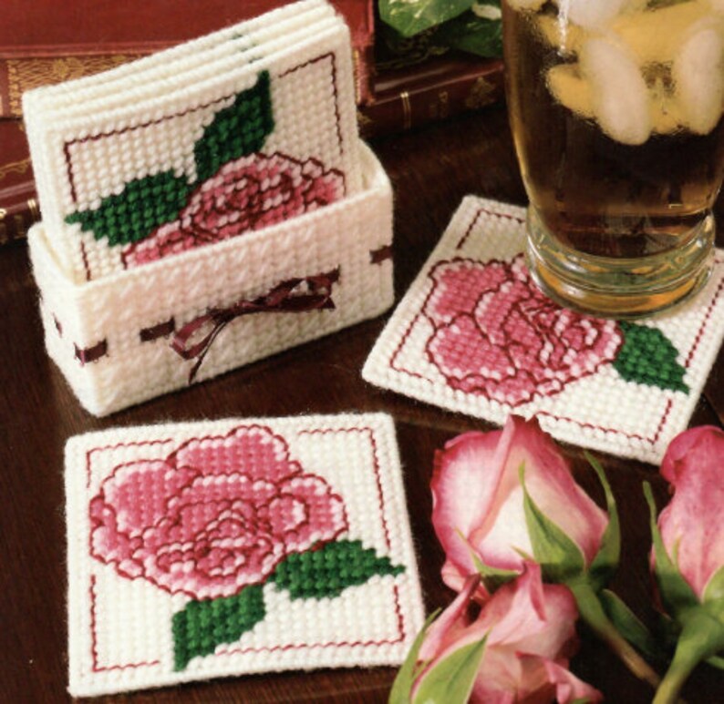 Rose Bouquet Coaster Set Plastic Canvas Pattern | Etsy