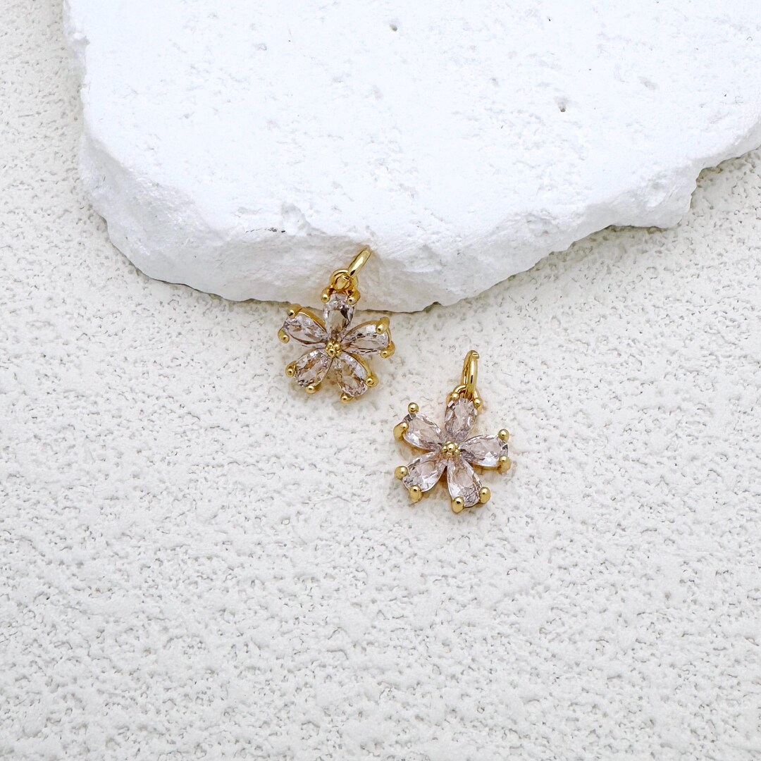 16K Gold Filled Flower Charm Gold Floral Charm - Dainty CZ Flower ...
