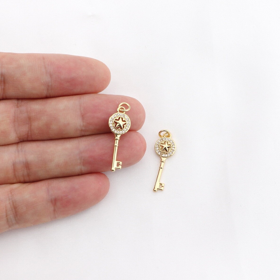 Real 14k Gold Plated Brass Key Charm, Zircon Key Charm, CZ Pave Key ...