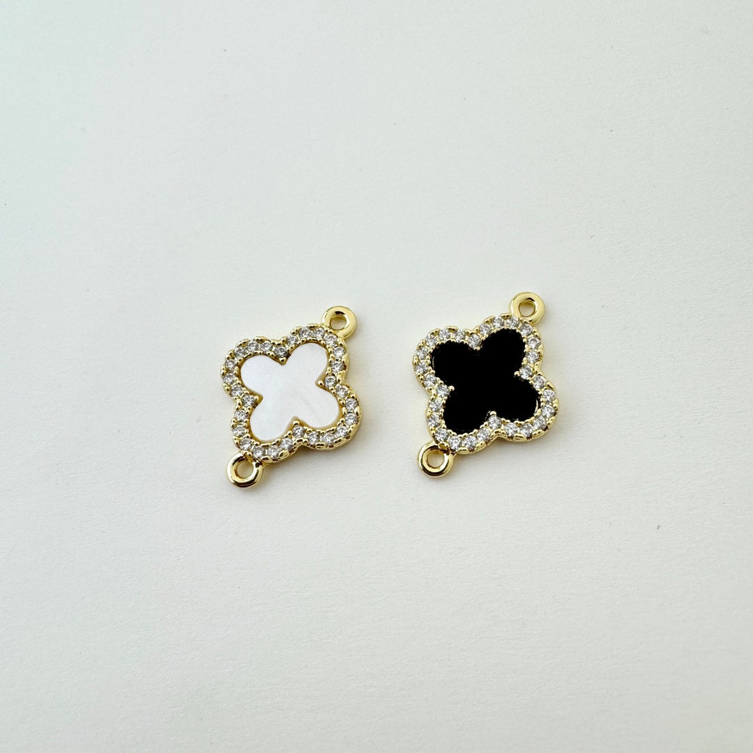 14K Gold Black White Four Leaf Charm Clover Connector Clear Micro Paved CZ Crystals Charms Link ...
