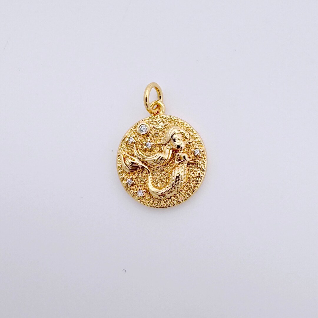 18K Gold Filled Gemstone Mermaid Fish Stamped Round Charm Ocean ...