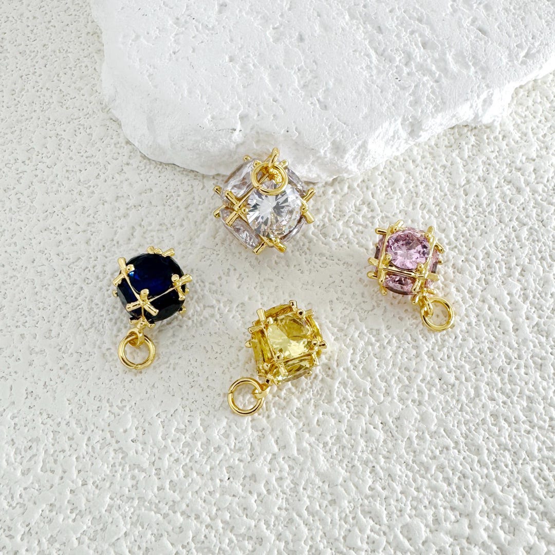 Square Crystal Charm Multicolor Cubic Zirconia Charm White Pink Yellow ...