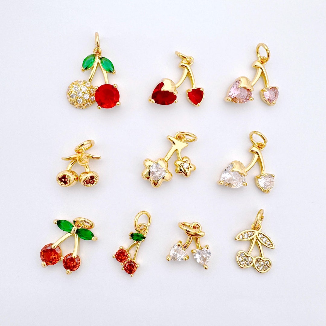 Cherry Charm 16K Gold Filled Red Tiny Cherry Charms CZ Fruit Pendant ...