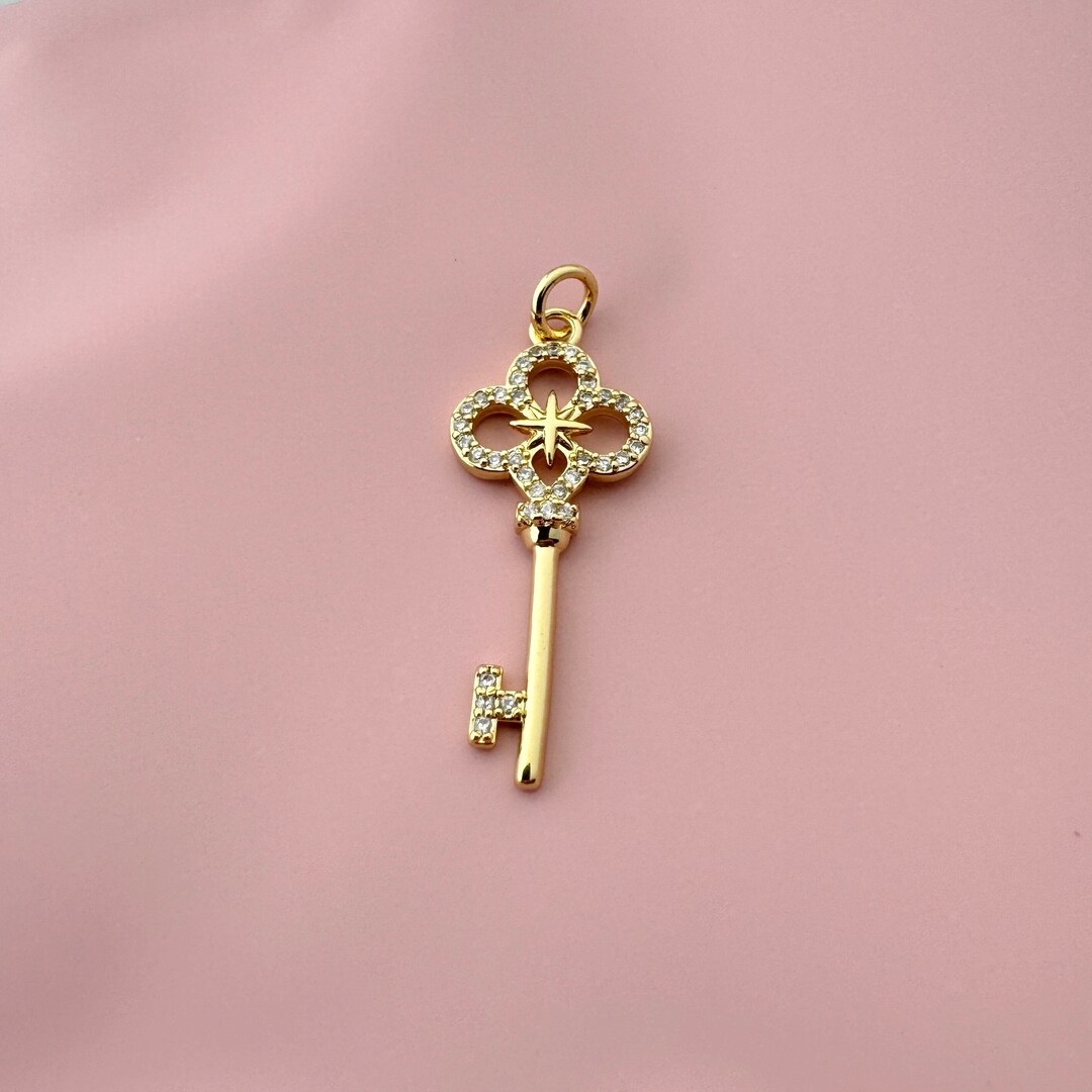 18k Gold Key Charm, Zircon Key Charm, CZ Pave Key Pendant, Key Charm ...