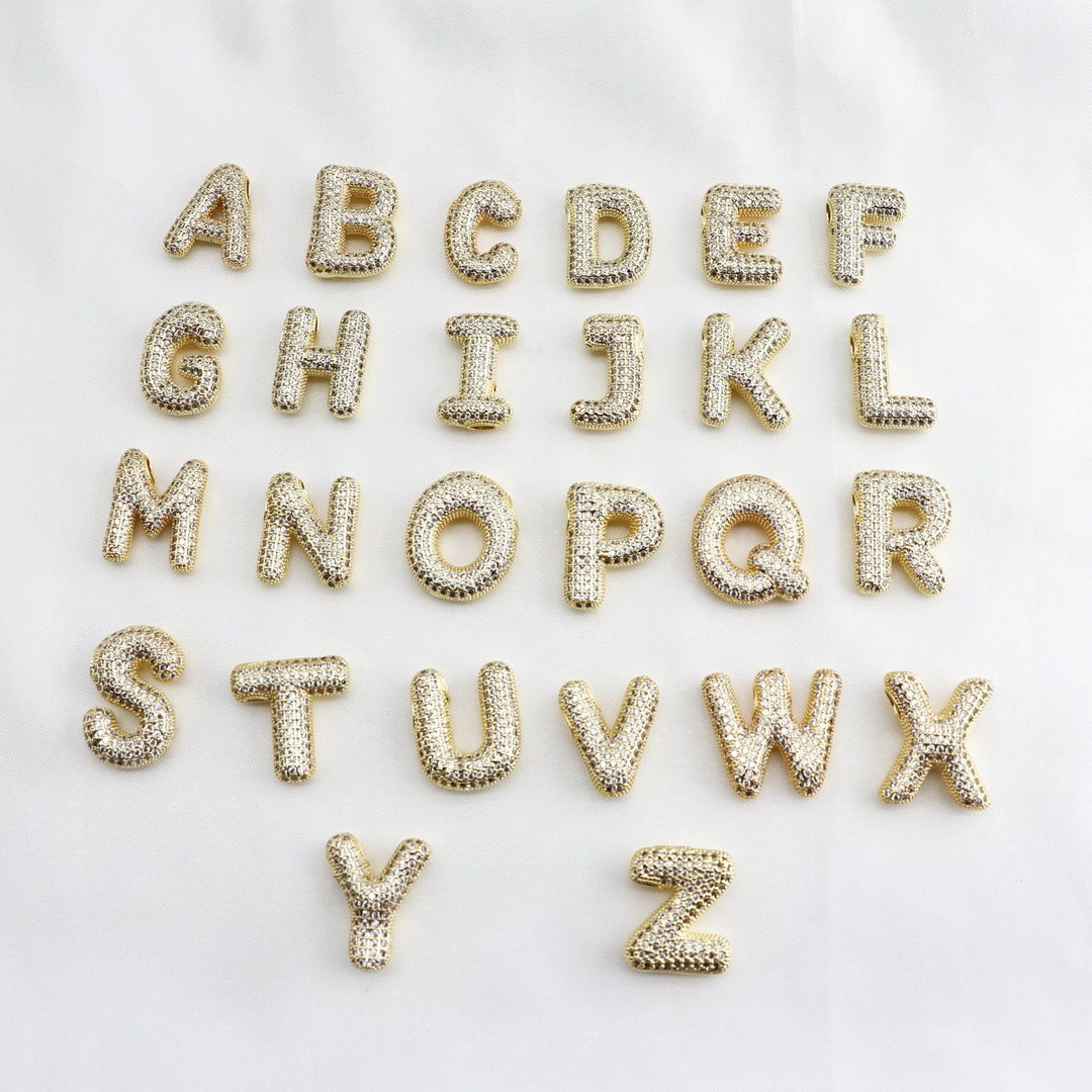 14K Gold Chunky Pave Balloon Letter Necklace Pendant Cubic Zirconia Bubble Initial Pendant 3D ...