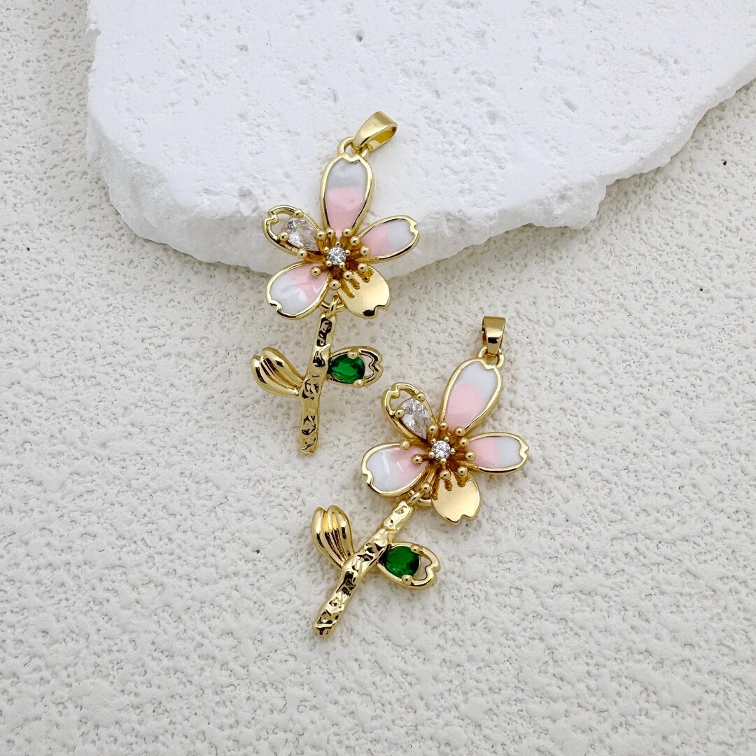 Large Flower Charm 16K Gold Filled Pink Flower Charm, Enamel Flower ...