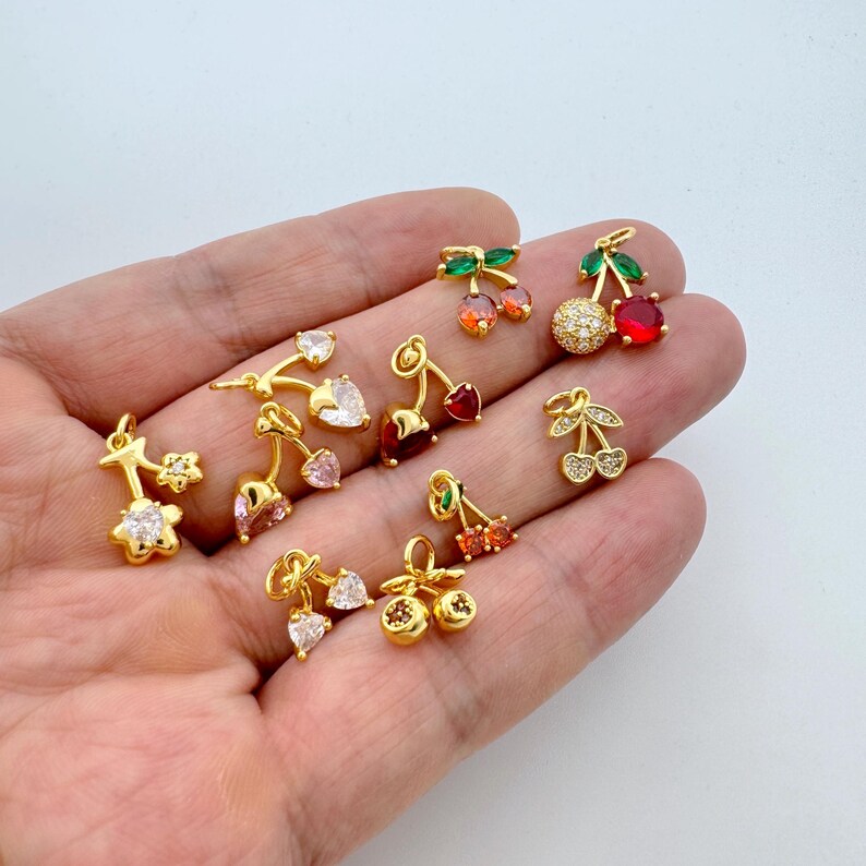 Cherry Charm 16K Gold Filled Red Tiny Cherry Charms CZ Fruit Pendant ...
