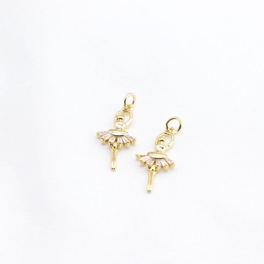 14K Gold Ballerina Pendants Micro Pave CZ Ballet Dancer Charms ...