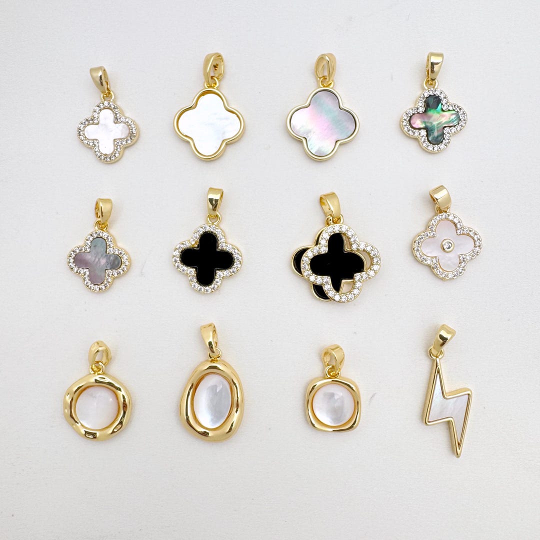 Four Leaf Pendant Clover Charm 16k Gold Filled Pearly White Black Shell ...