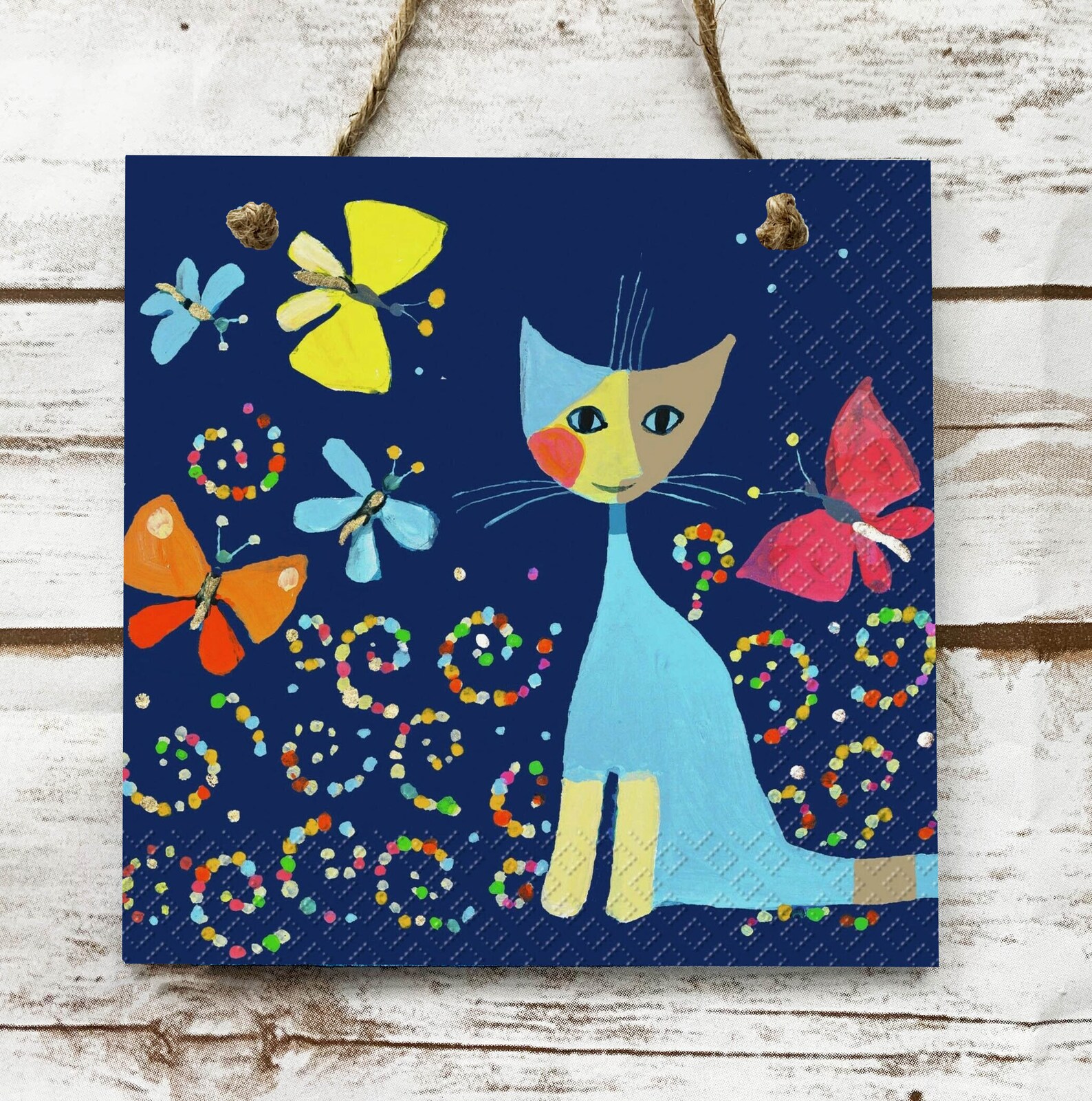 Wall hanging decoupage plaque/picture Cat with Poppy flowers | Etsy