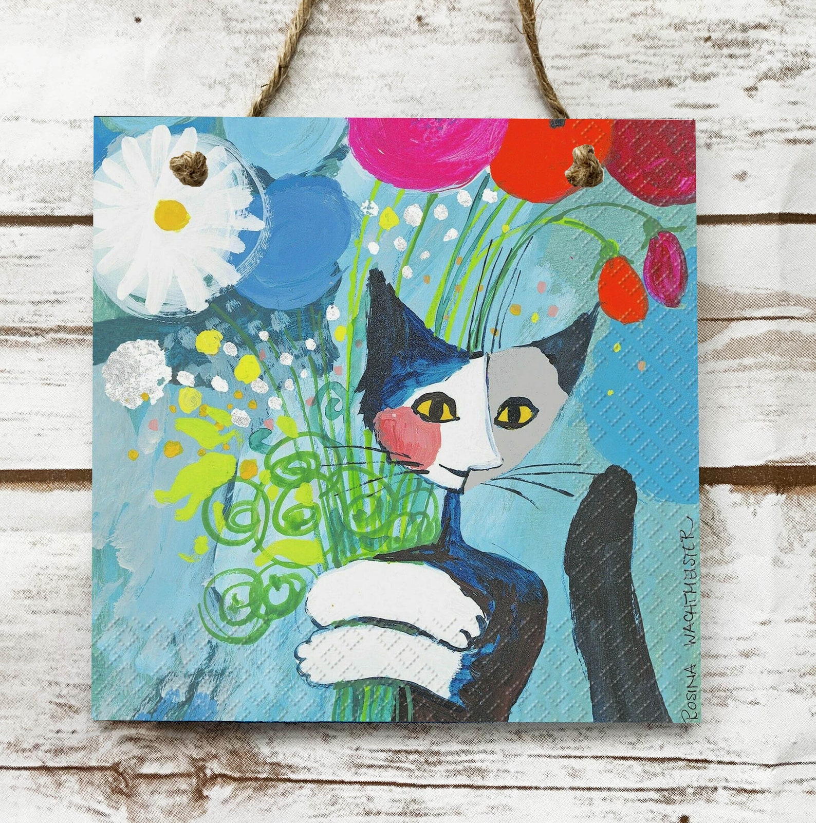 Wall Hanging Decoupage Plaque/picture Cat With Poppy Flowers - Etsy