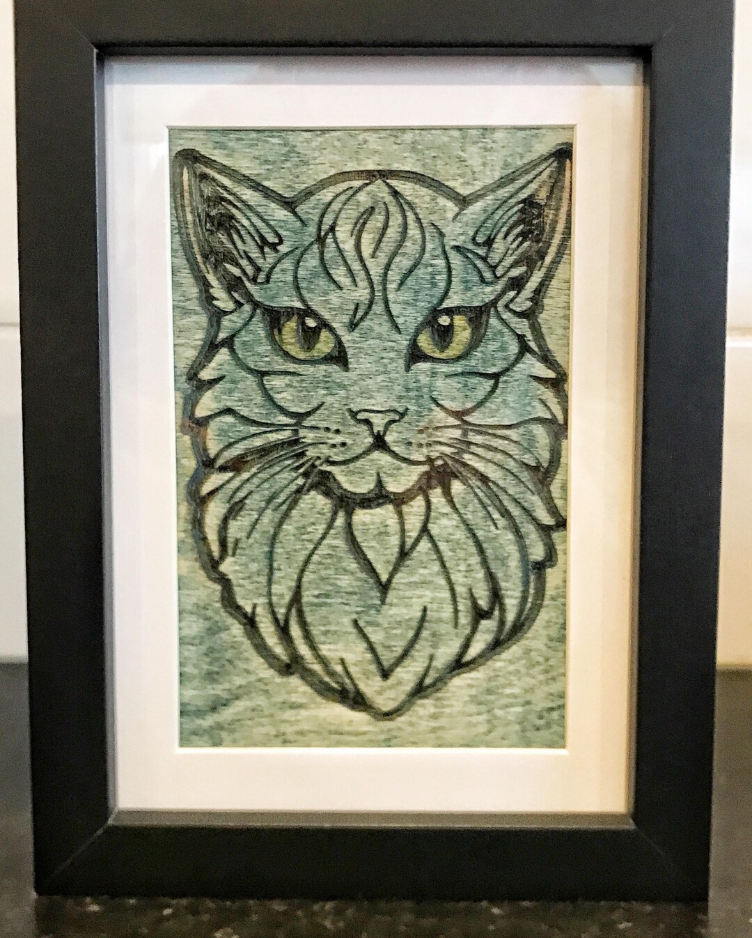 Stylised Blue Cat Artwork. Laser Etched Framed Picture. Gift for Animal ...