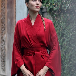 Red Kimono Dress, Japanese Kimono Robe, Long Kimono Dress, Short Hanfu ...
