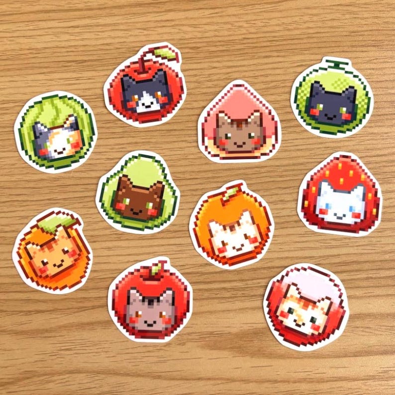 Pixel Strawberry Cat Sticker, Kawaii Cat Sticker, Cute Fruit Kitty ...