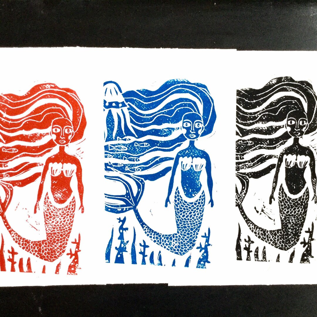Red Mermaid Original Lino Print - Etsy