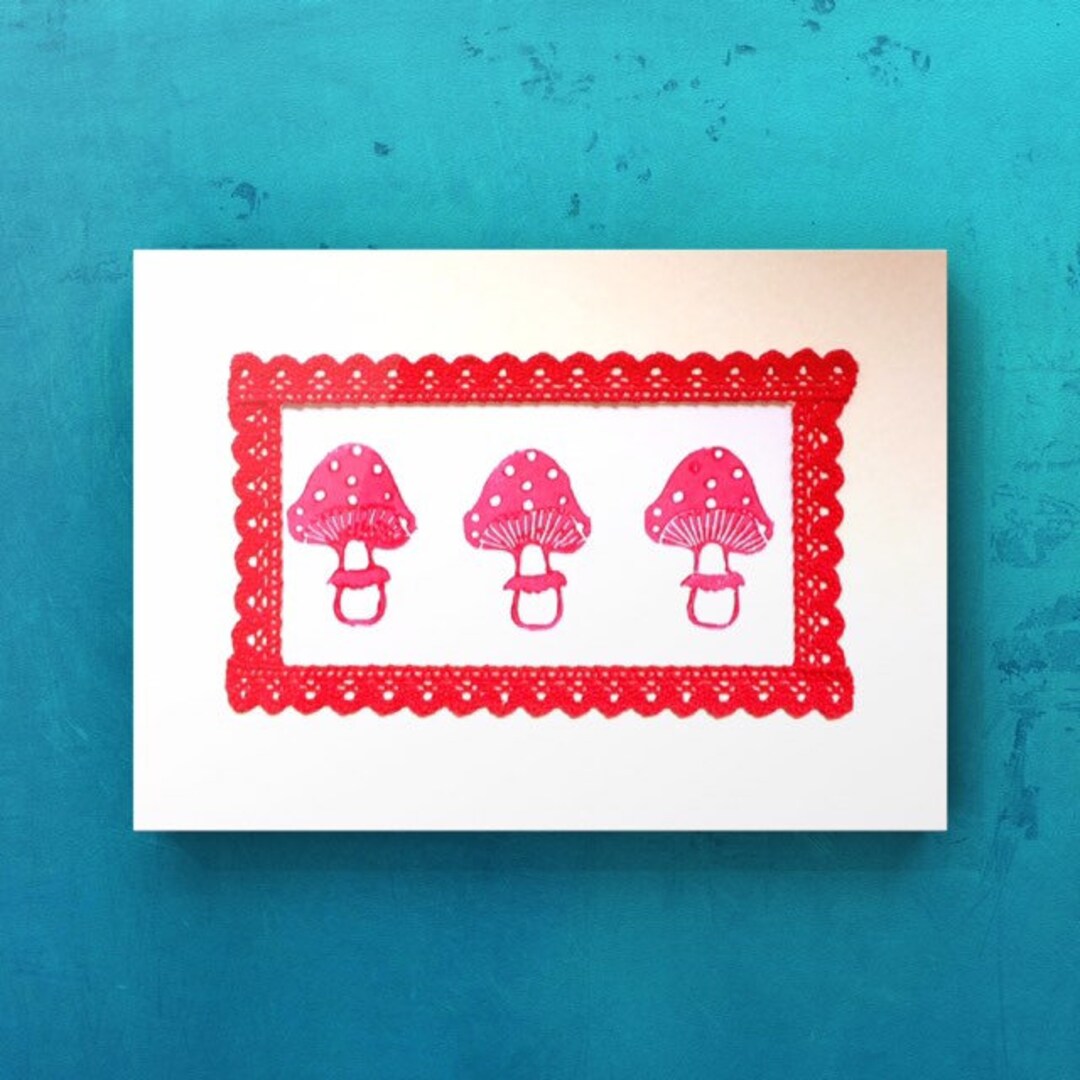 Mushrooms Linocut and Lace Original Wall Art - Etsy