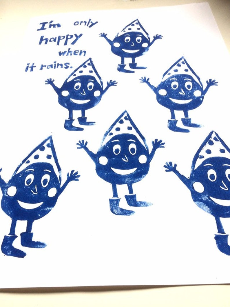 Happy Rain Drops Original Lino Print Art - Etsy