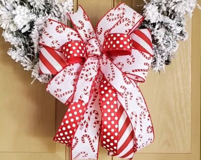 Candy Cane Bow, Candy Cane Christmas Bow, Bow for Wreath, Bow for ...