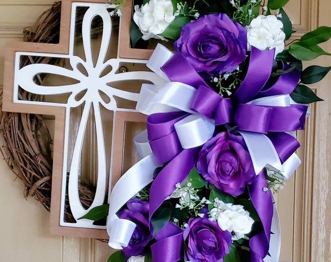 Cross Wreath for Front Door, Purple Wreath, Summer Wreath, Year Round ...