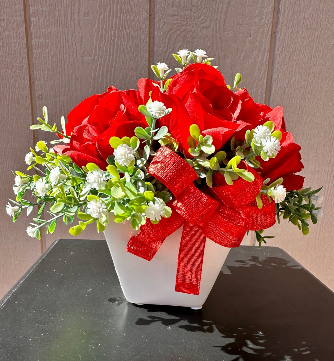 Red Rose Arrangement, Artificial Floral Arrangement, Small Centerpiece ...