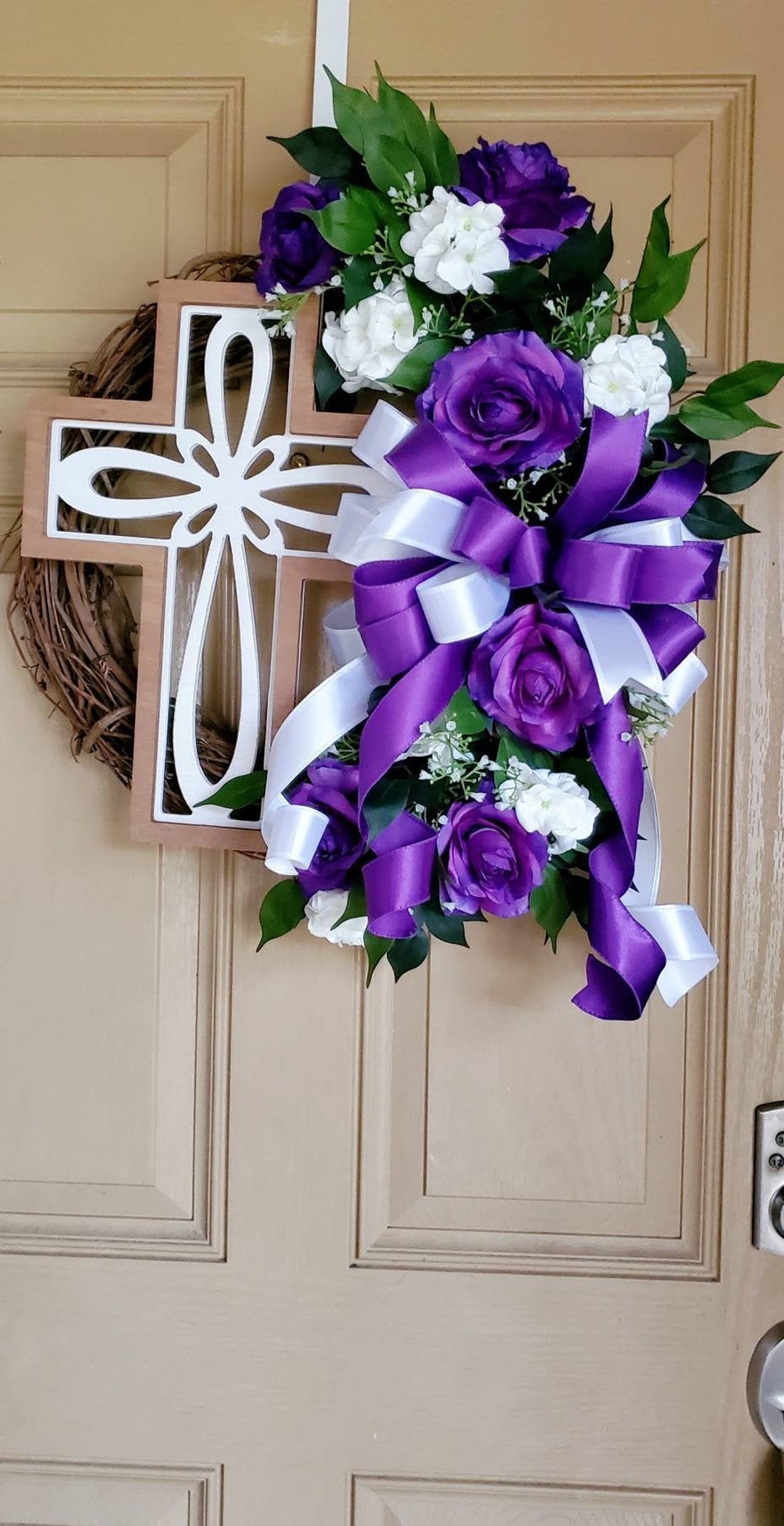 Cross Wreath for Front Door, Purple Wreath, Summer Wreath, Year Round ...
