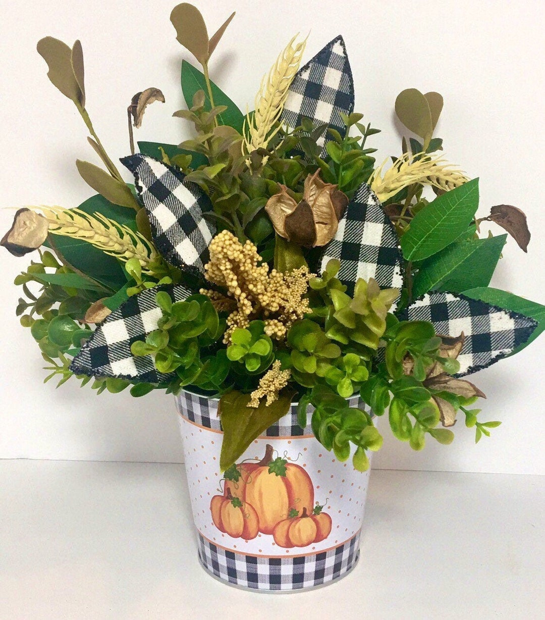 Buffalo Plaid Fall Centerpiece, Pumpkin Decor, Tin Vase - Etsy