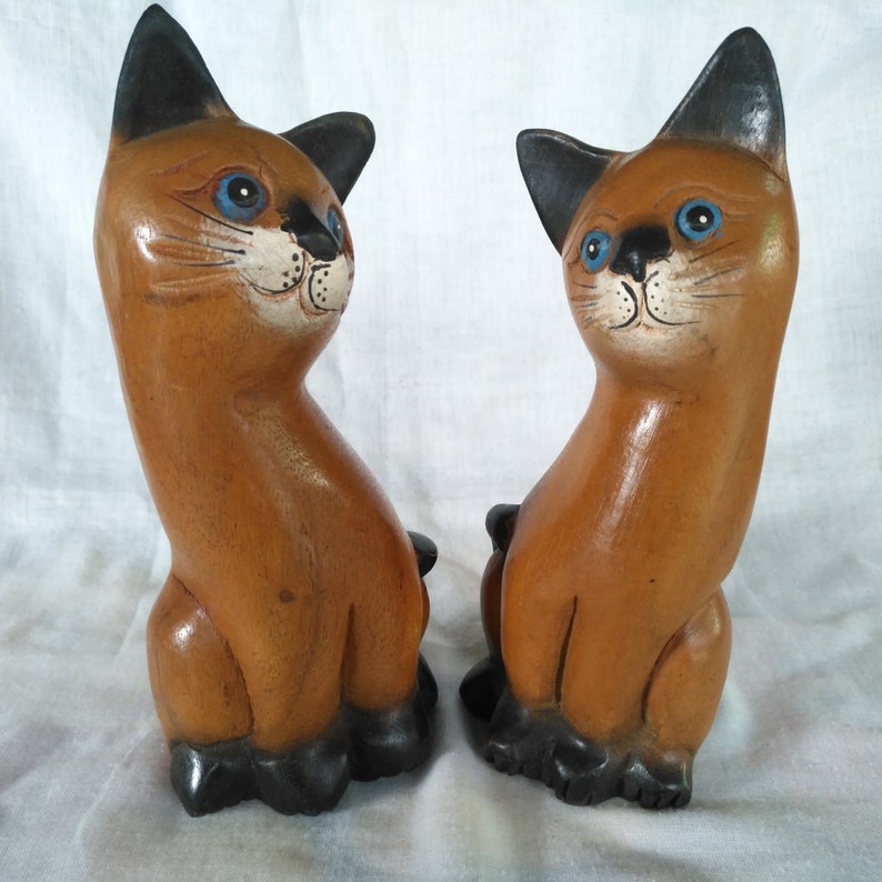 Pairs Wooden Cat Kitten Blue Eyes Hand Carved Cat Statue - Etsy