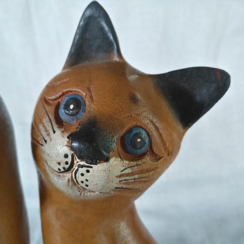 Pairs Wooden Cat Kitten Blue Eyes Hand Carved Cat Statue - Etsy