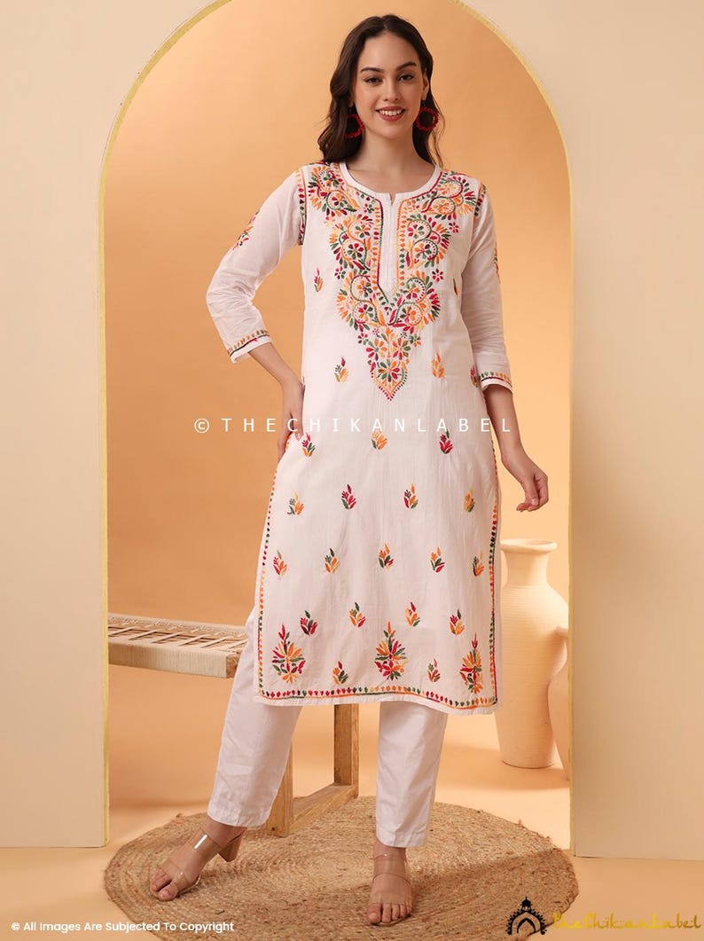 White Multi Color Chikankari Kurta | Hand Embroidered Straight Kurti ...