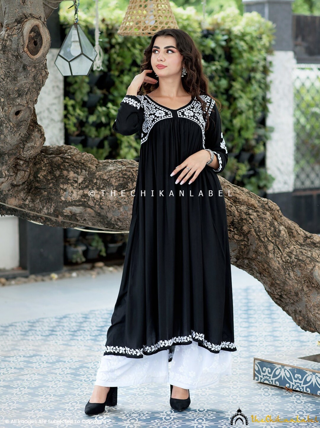 White on Black Modal Chikankari Anarkali for Womens Lucknowi Chikankari ...