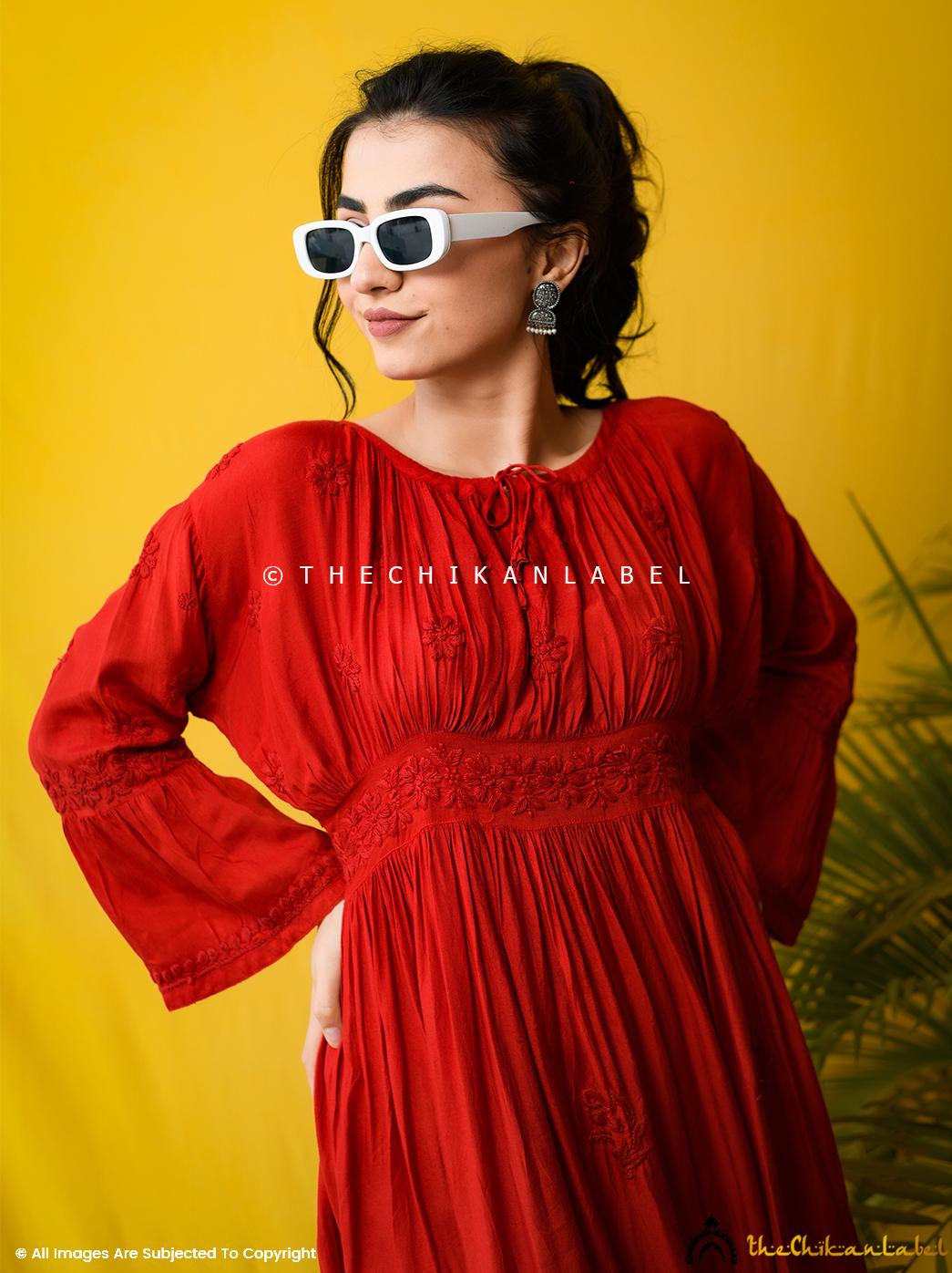 Red Muslin Chikankari Tunic Dress: Hand-embroidered Boho Ethnic Wear - Etsy
