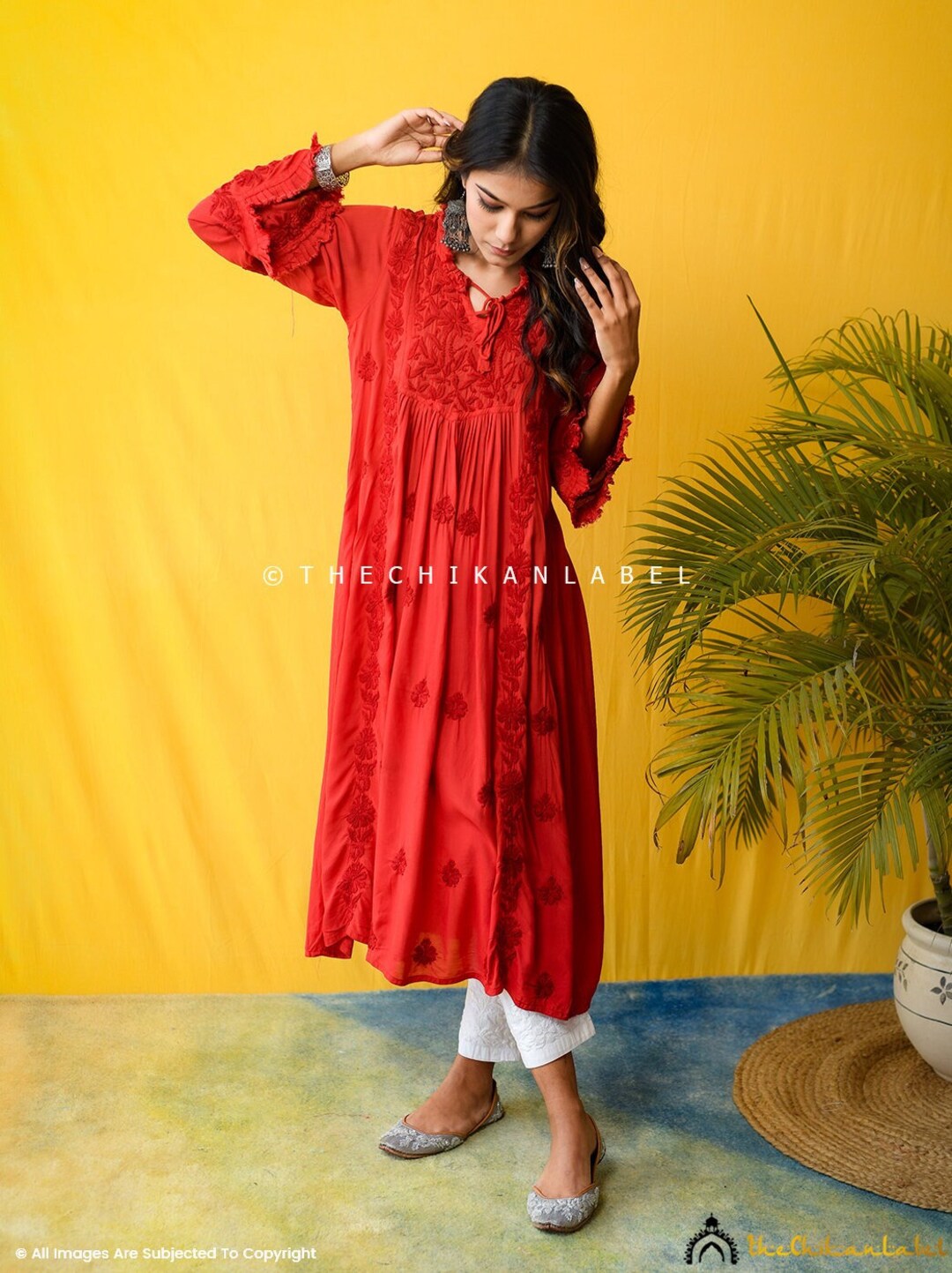 Red Muslin Chikankari Jhalar Yok Anarkali Pakistani Wear Kurti Lucknowi ...