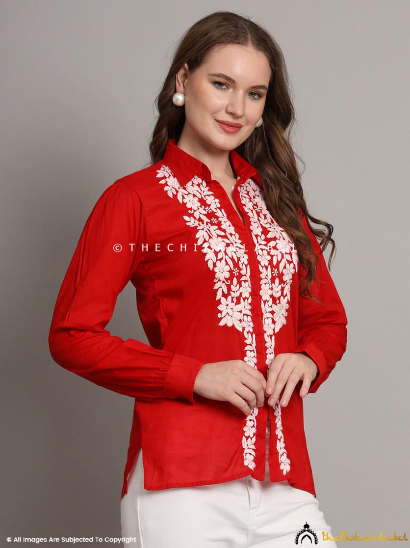 Red Mulmul Cotton Hand Embroidered Chikankari Shirt for Women - Etsy