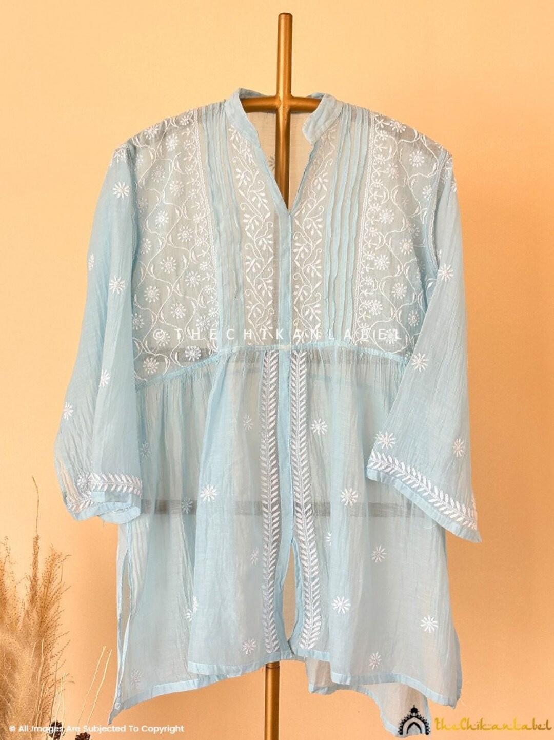 Blue Handmade Chikankari Semi-stitched Shirt Lucknow Chikan Kurti Shirt ...
