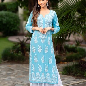 Women Wear Sky Blue Modal Straight Hand Embroidered Chikankari Kurti Lucknowi Chikankari Kurta ...