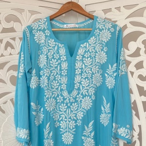 Women Wear Sky Blue Modal Straight Hand Embroidered Chikankari Kurti Lucknowi Chikankari Kurta ...