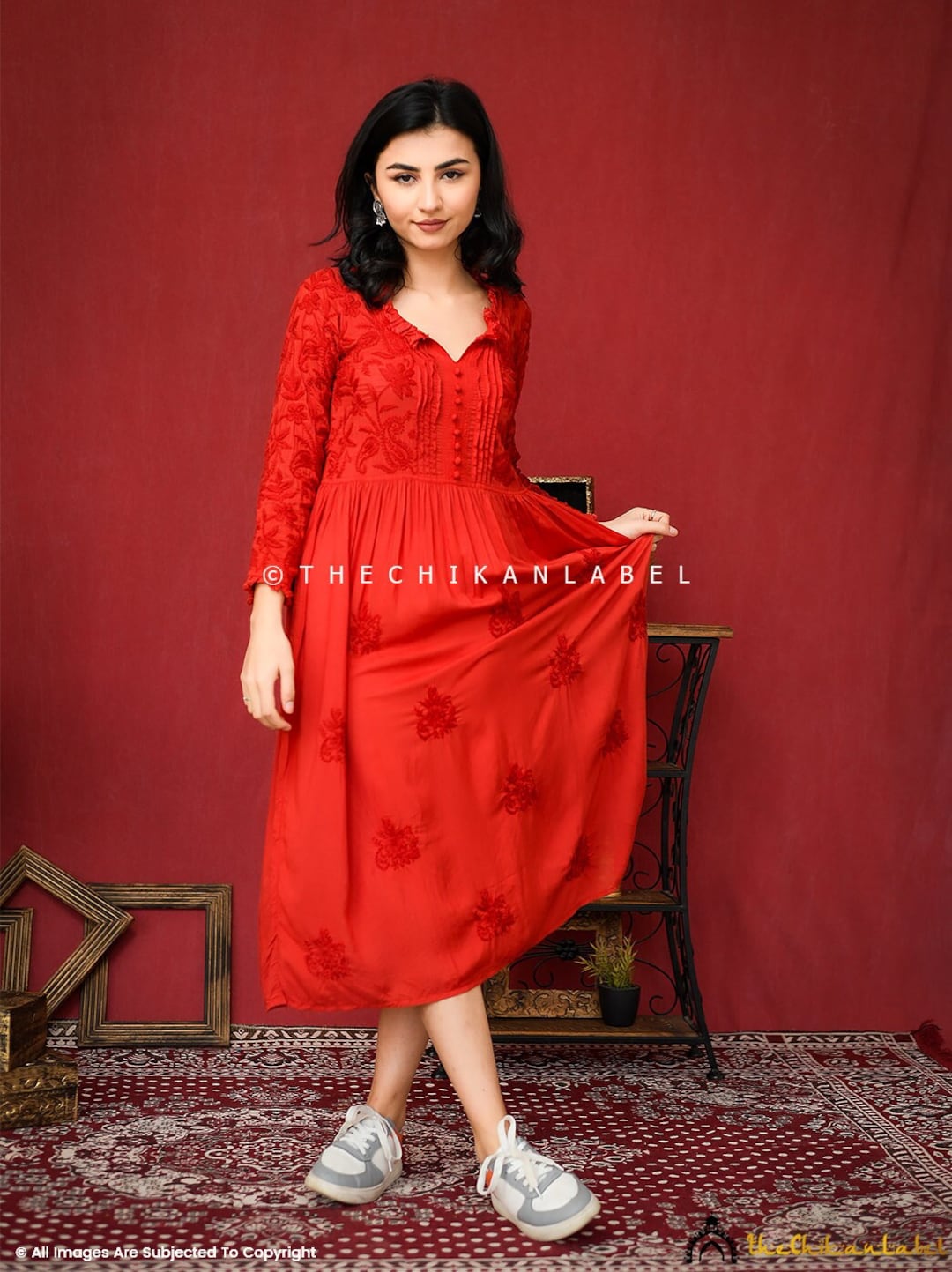 Red Muslin Chikankari Anarkali for Women Lucknowi Chikankari ...